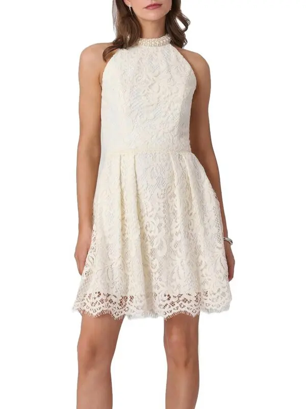 Shoshanna Ribbon Corded Lace Halterneck Mini Dress - Ivory