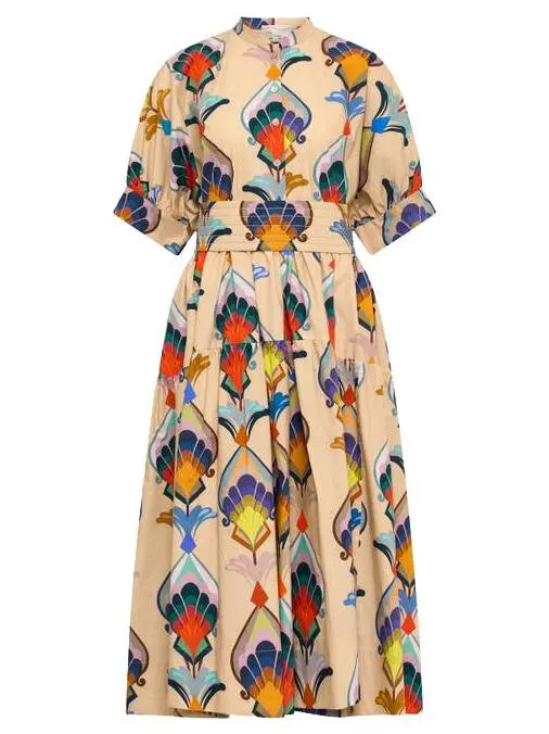 MAISON COMMON Printed Cotton Poplin Belted Dress - Sand Multicolour