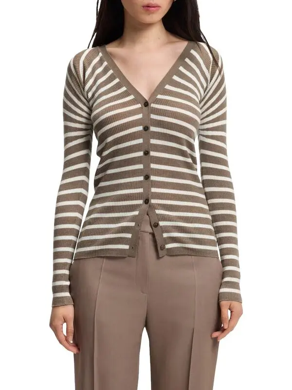 BOSS Fayani Striped Virgin Wool Cardigan - Walnut Stripe