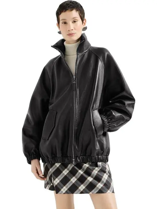 Brunello Cucinelli Nappa Leather Bomber Jacket With Monili - Black