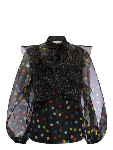 MAISON COMMON Printed Silk Organza Blouse With Flounces - Black Multicolour