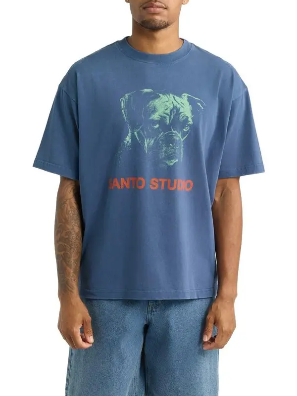 SANTO STUDIO Cynical Stare Dog Graphic T-shirt - Fade Blue