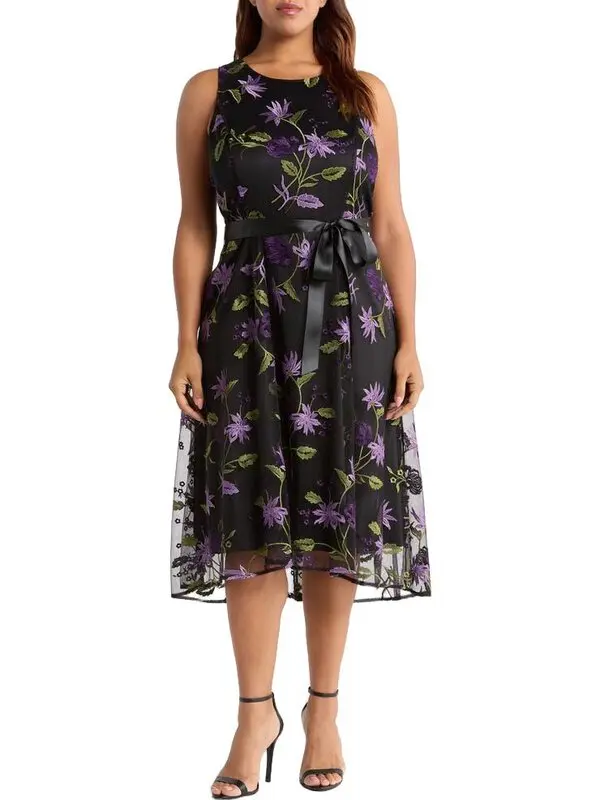 TAHARI ASL Sleeveless Floral Embroidered Midi Dress With Removable Sash - Black Grape