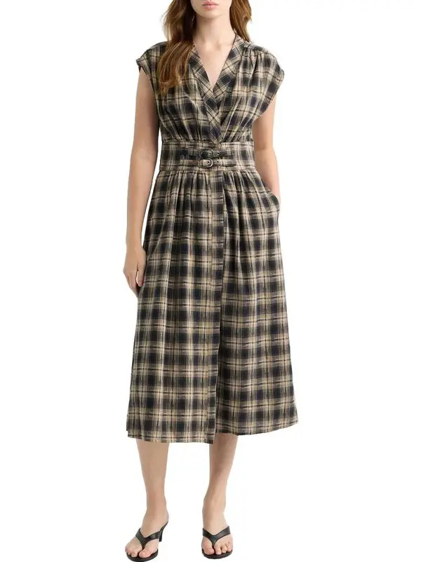 Deluc Plaid Cotton Midi Dress With Belted Waist - Black Checks