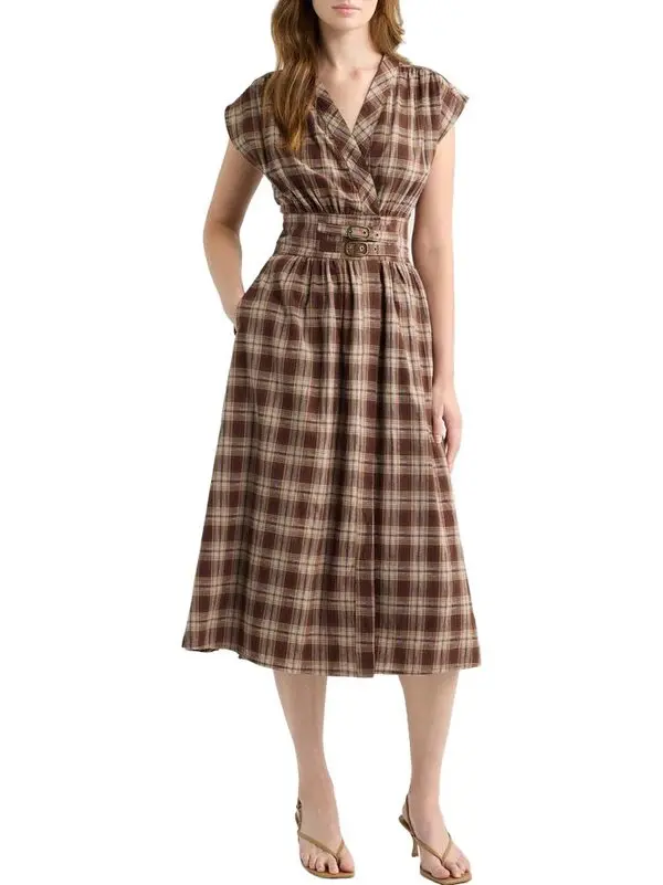 Deluc Plaid Cotton Midi Dress With Belted Waist - Brown Checks