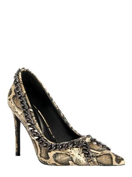 AZALEA WANG Ravelle Faux Snakeskin Pumps With Chain Detail - Beige Multi