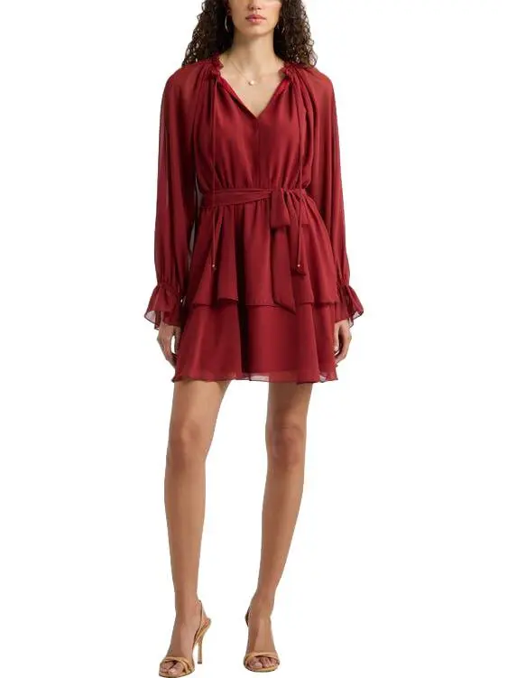 Chelsea28 Floral Chiffon Tiered Mini Dress - Red Pear