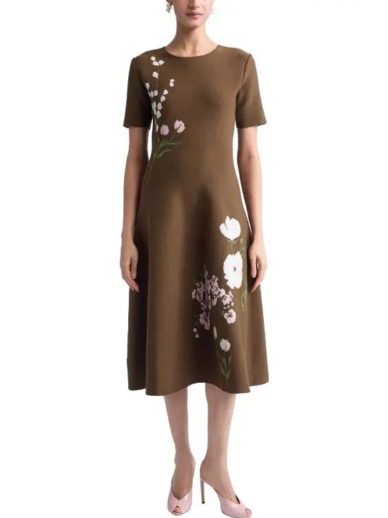 Oscar De La Renta Mixed Botanical Jacquard Sweater Dress - Cigar