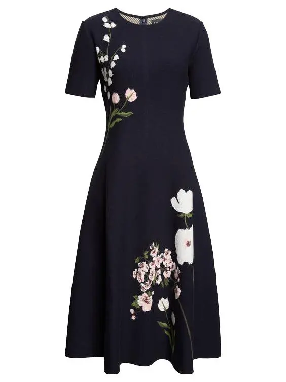 Oscar De La Renta Mixed Botanical Jacquard Sweater Dress - Navy