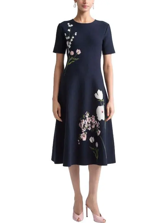 Oscar De La Renta Mixed Botanical Jacquard Sweater Dress - Navy