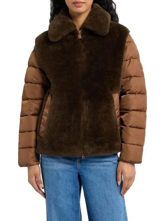 SAVE THE DUCK Faux Fur Mixed Media Quilted Jacket - Soil Brown