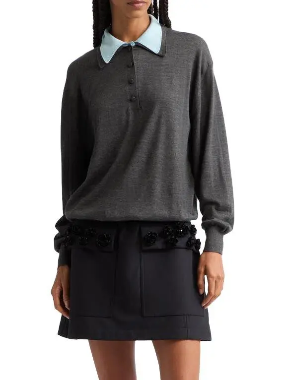 Plan C Double Collar Long Sleeve Merino Wool & Silk Polo - Gray Blue