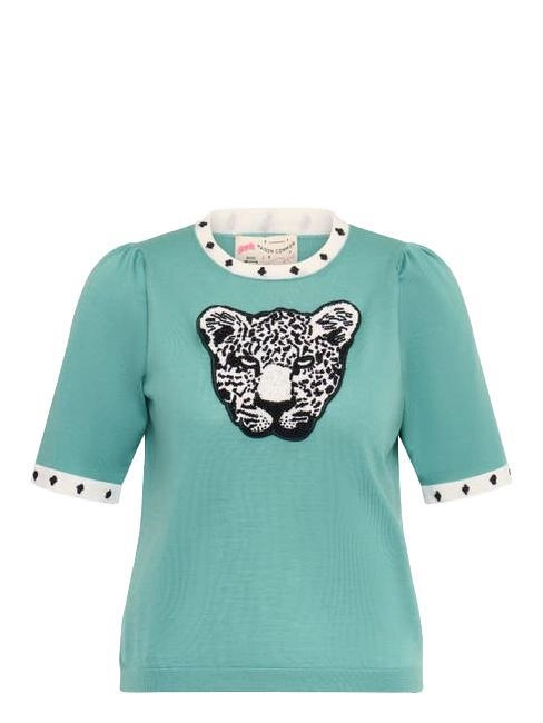 MAISON COMMON Light Pullover With Contrast Piping With Leopard Head Application - Mint