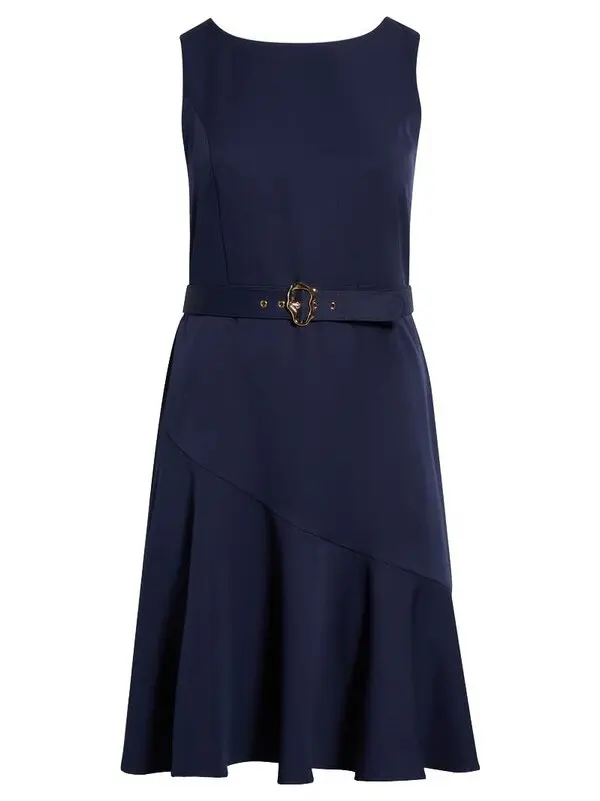 TAHARI ASL Sleeveless Belted Crepe Dress With Ruffle Hem - Navy