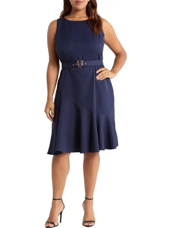 TAHARI ASL Sleeveless Belted Crepe Dress With Ruffle Hem - Navy