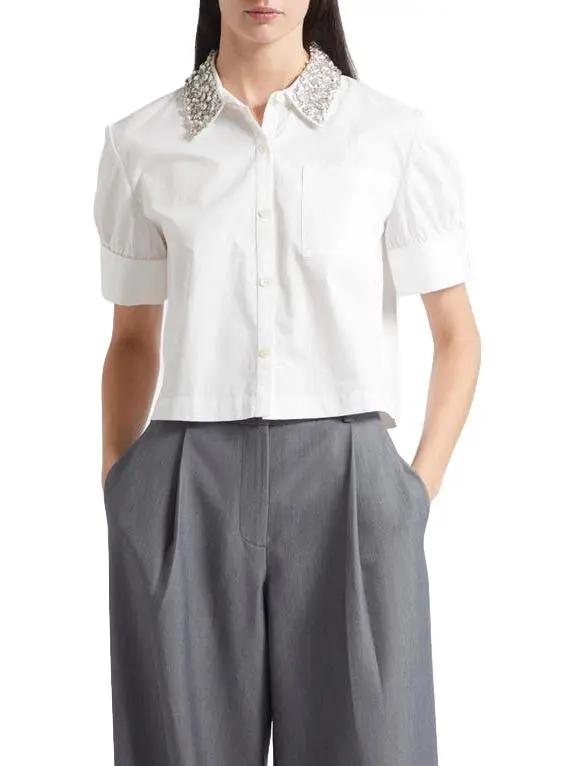 TOCCIN Zadie Rhinestone Embellished Stretch Poplin Cropped Shirt - Optic