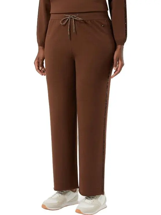 Marina Rinaldi Sequin Side Stripe Knit Wide Leg Trousers - Biscuit