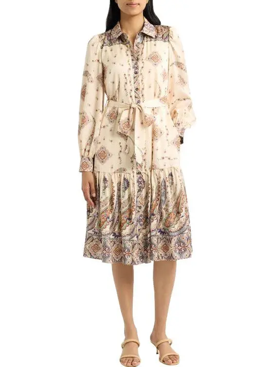 Julia Jordan Mixed Paisley Long Sleeve Midi Shirtdress - Ivory Multi