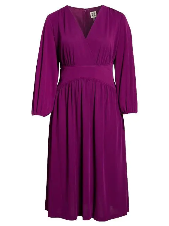 Anne Klein Blouson Sleeve V-neck Midi Dress - Beet