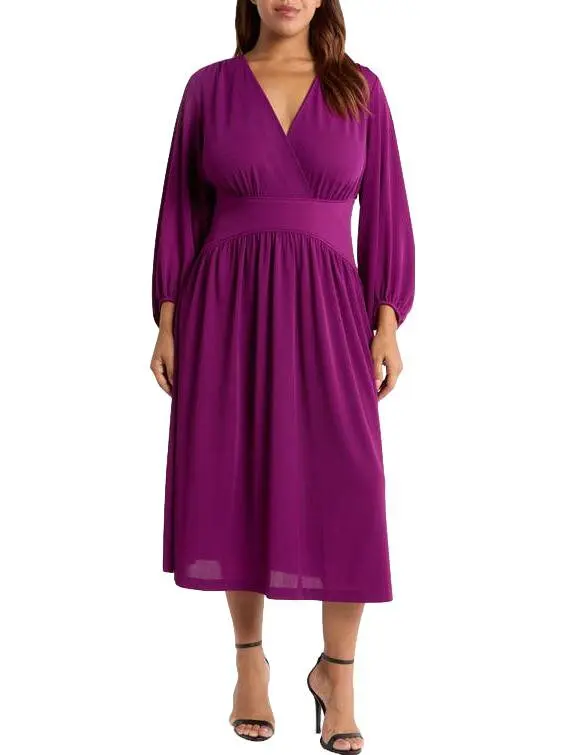 Anne Klein Blouson Sleeve V-neck Midi Dress - Beet