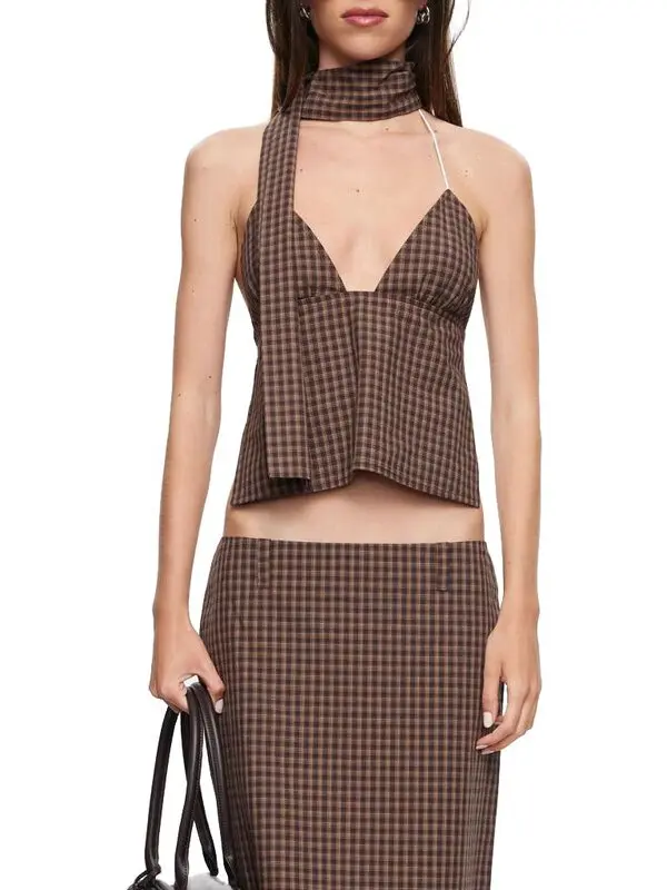 Lioness Plaid Halter Top With Neck Scarf - Chocolate