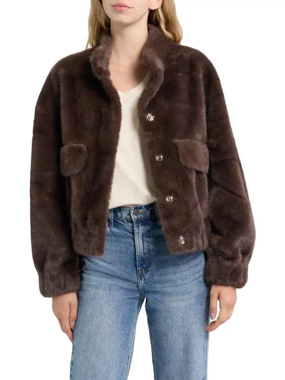 Deluc Faux Fur Bomber Jacket With Stand Collar - Chocolate