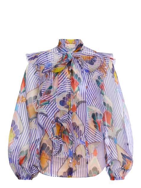 MAISON COMMON Printed Silk Organza Blouse With Flounces - White/blue Multicolo