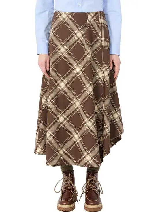 Max Mara Plaid Wool Blend Midi Skirt - Brown