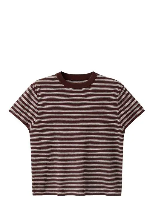 Mango Striped Ribbed Crewneck Short Sleeve Sweater - Chocolate