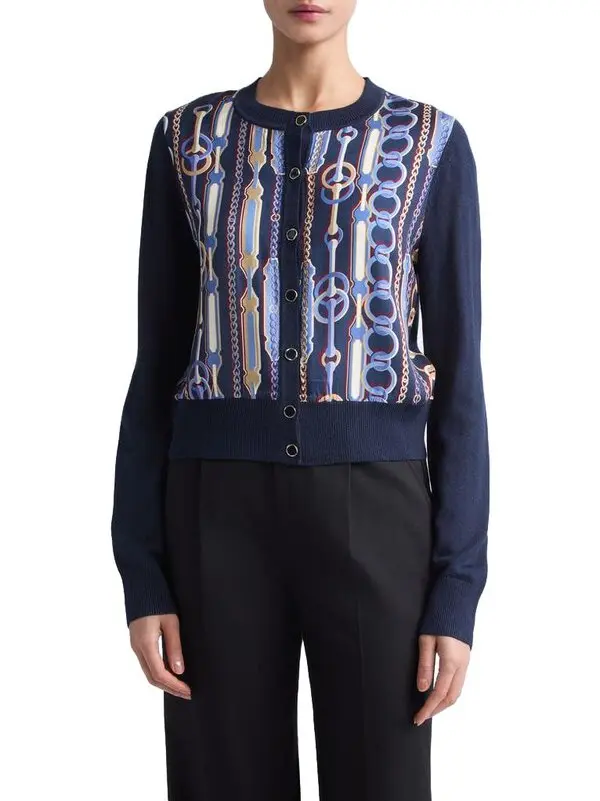 St. John Mixed Media Chain Print Merino Wool Blend Cardigan - Mdmu Midnight Multi