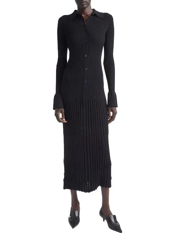 Proenza Schouler Rosario Ribbed Point Collar Midi Dress - Black