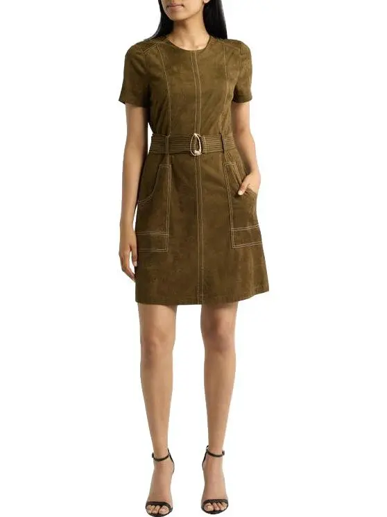 Tahari Faux Suede Belted Dress With Topstitch Detail - Artichoke