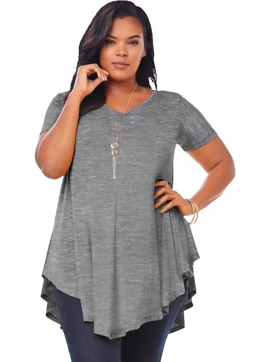 Roaman's Ultra Drape V-neck Swing Tunic - Medium Heather Grey