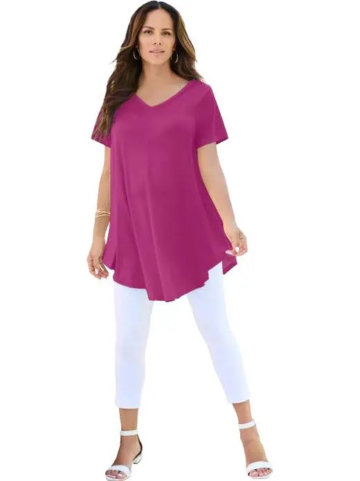 Roaman's Ultra Drape V-neck Swing Tunic Top - Raspberry