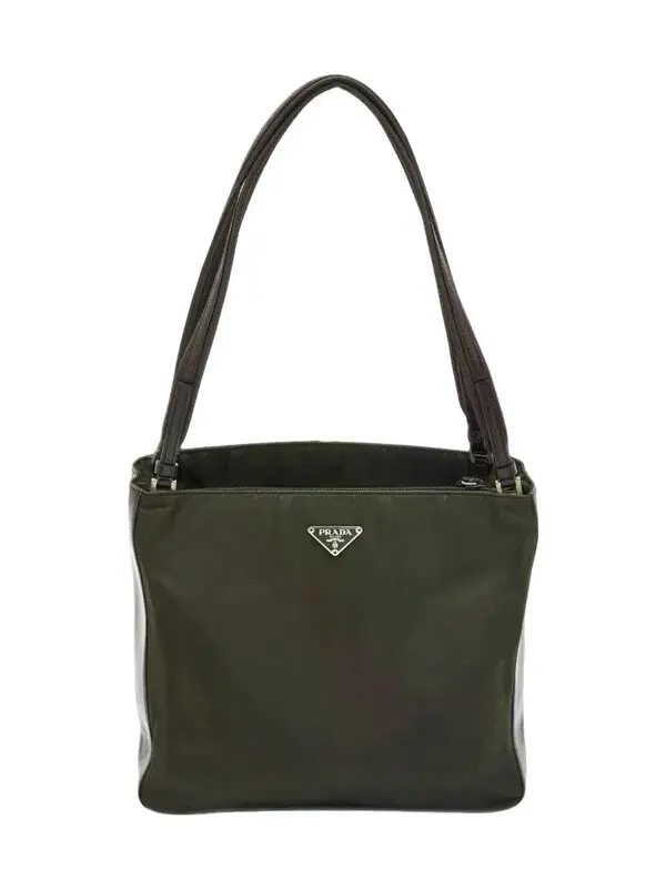Prada Logo Plaque Leather Trim Tote Bag - Green