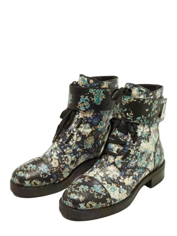 LOUIS VUITTON Floral Print Leather Combat Boots - Black