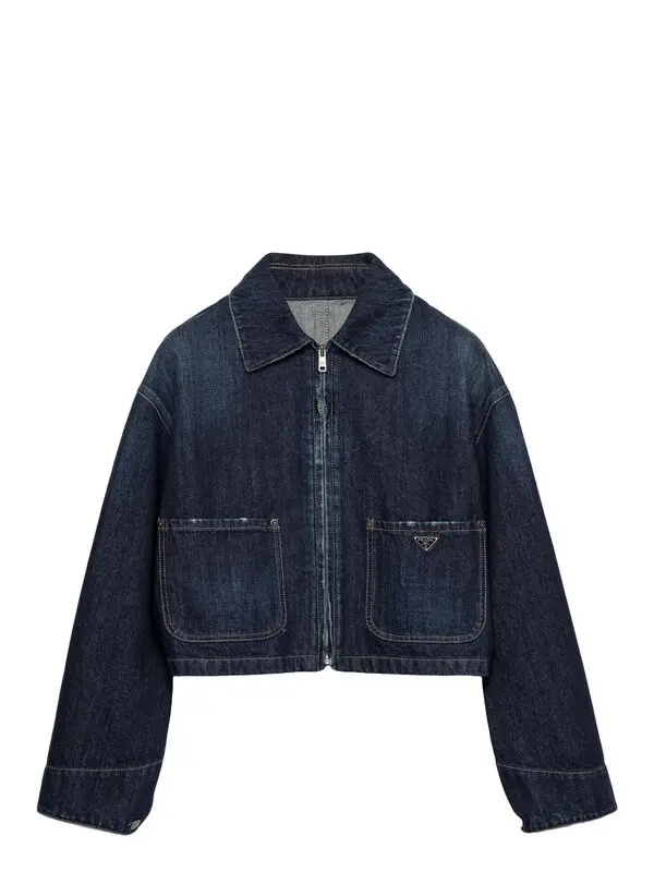 Prada Cropped Denim Blouson Jacket - Blue