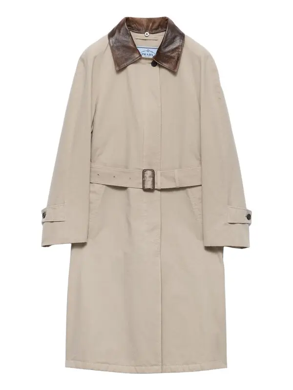 Prada Single-breasted Poplin Coat With Removable Leather Collar - Limestone