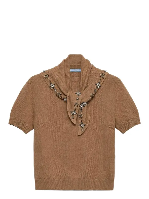 Prada Short-sleeved Cashmere Sweater With Embroidered Scarf - Brown
