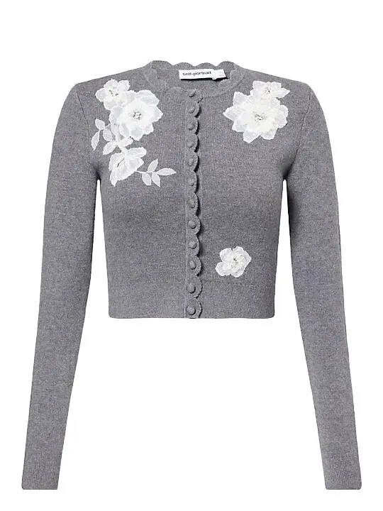 SELF-PORTRAIT Lace Flower Wool-blend Cropped Cardigan - Grey