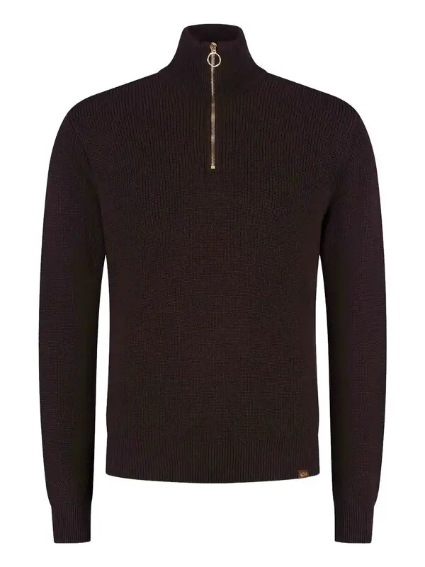 Paul & Shark Ribbed Half Zip Wool Blend Sweater - Brown