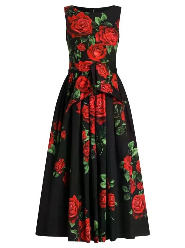Dolce & Gabbana Rose-print Poplin Midi Dress - Black