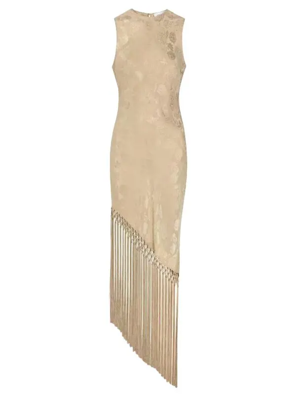 Ronny Kobo Alexina Asymmetric Floral Jacquard Dress With Fringe - Neutrals