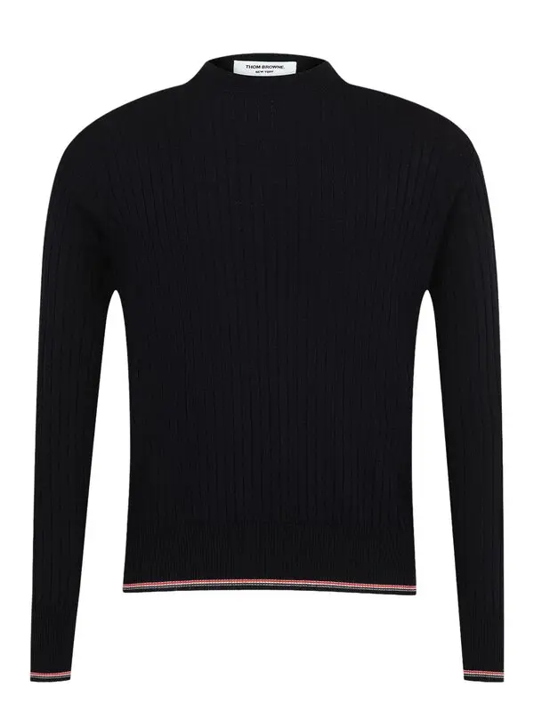 Thom Browne Ribbed Merino Wool Crewneck Pullover With Rwb Stripe - Blue