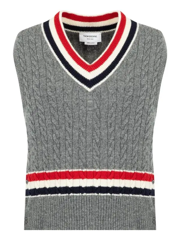 Thom Browne Cable Knit V-neck Vest - Grey
