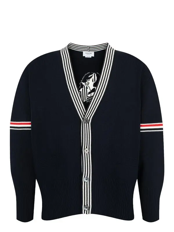 Thom Browne Lobster Jersey Stitch V Neck Cardigan In Cotton With Rwb Stripe - Blue