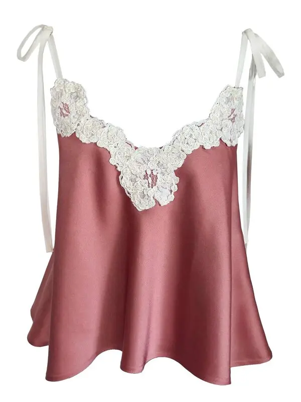 LANGNER Silk Cadi Satin Top With Lace Neckline - Pink