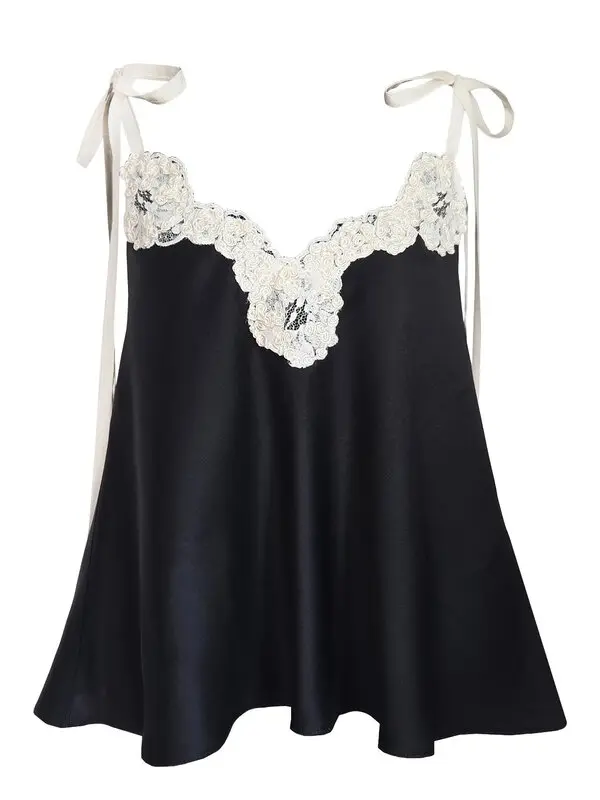 LANGNER Lace Trimmed Silk Cady Satin Top - Black