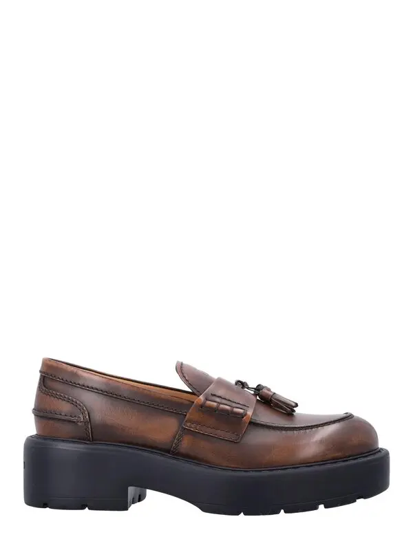 Miu Miu Leather Platform Loafers With Tassel Detail - Marrone