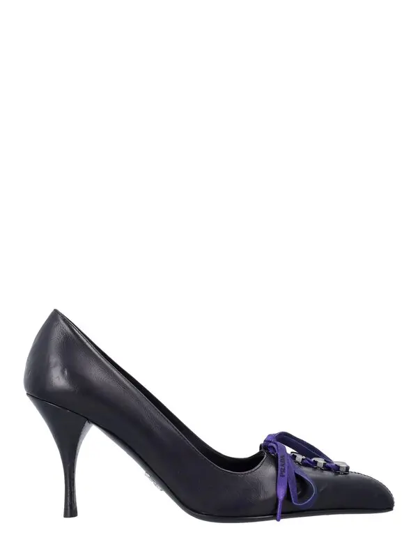 Prada Antiqued Leather Logo-lace Tapered Pump With 9 Cm Heel - Nero